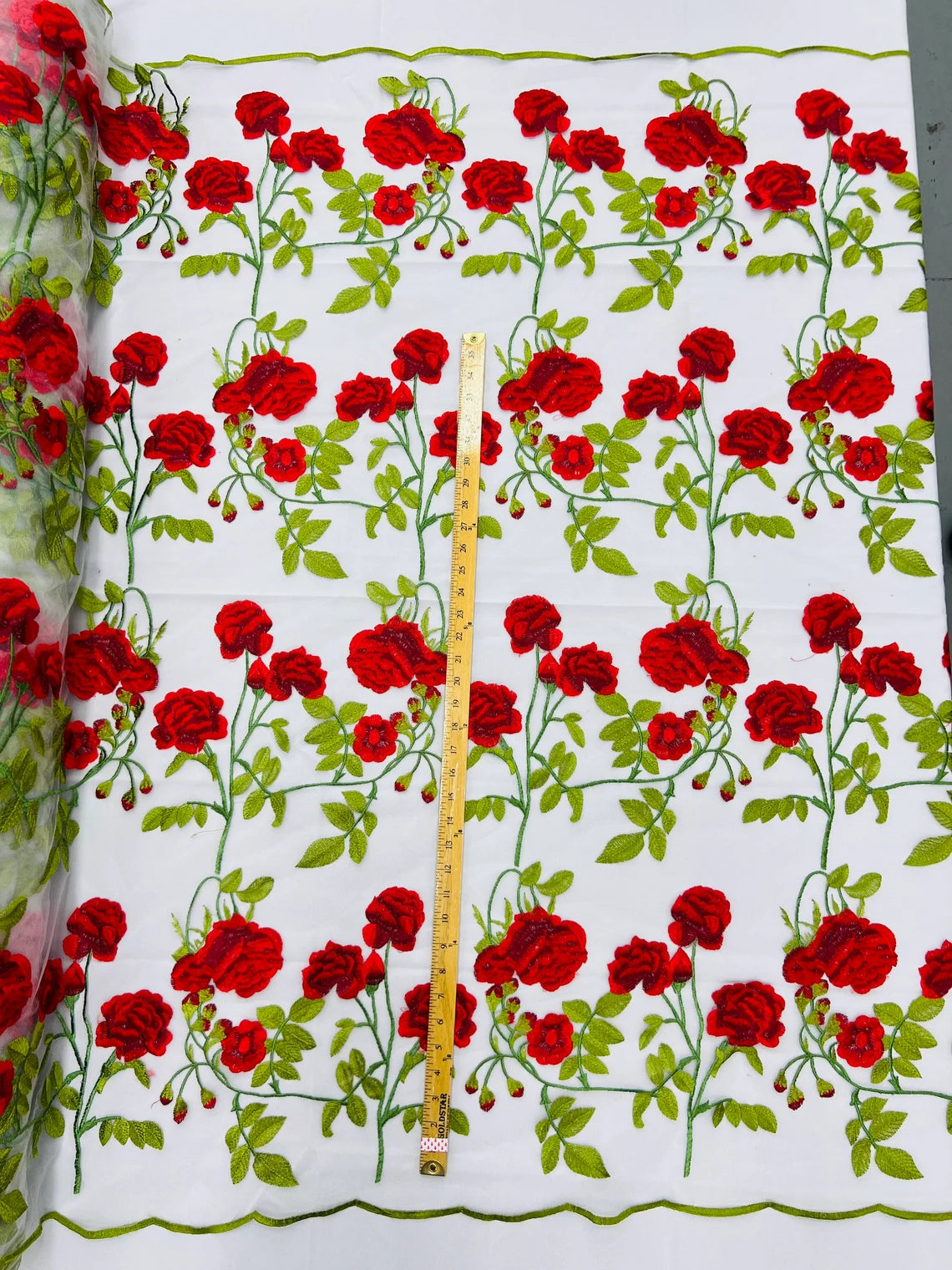 Rose Plant Lace Fabric - Red on White - Embroidered Full Rose Design o