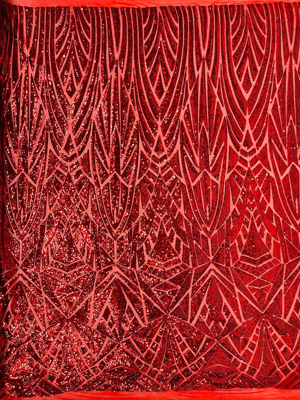 Geometric Fabric - Red - Geometric Sequins Pattern Design 4 Way Stretc