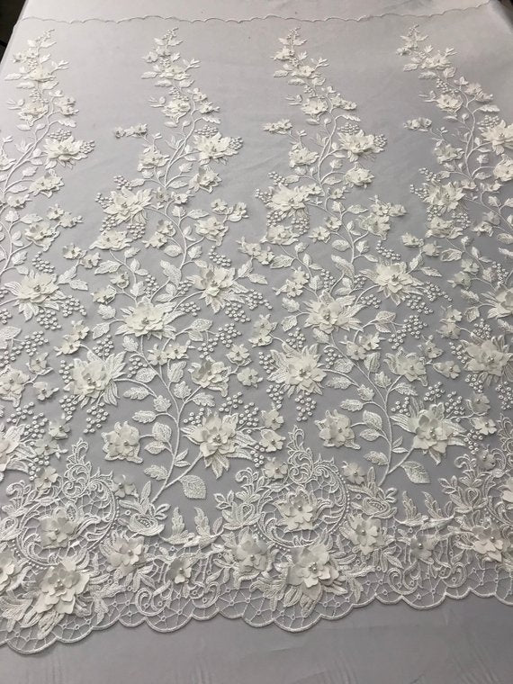 Flower 3D Fabric - Ivory - Embroided Fabric Flower Pearls and Leaf Dec