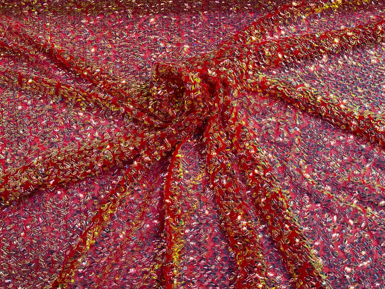 New Iridescent Clear Sequin Fabric Embroidery On Red Power Mesh 4Way S