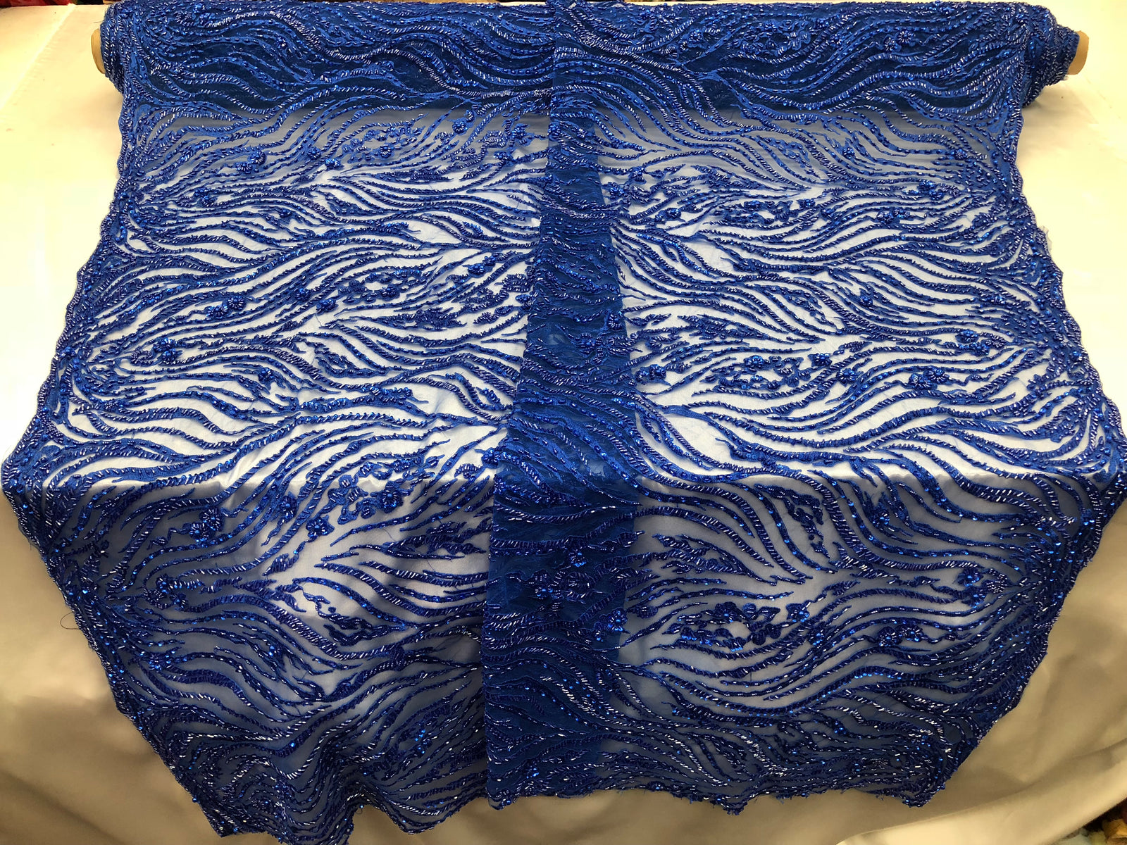 Beaded Lace Fabric - Royal Blue - Embroidery on Mesh For Bridal Weddin