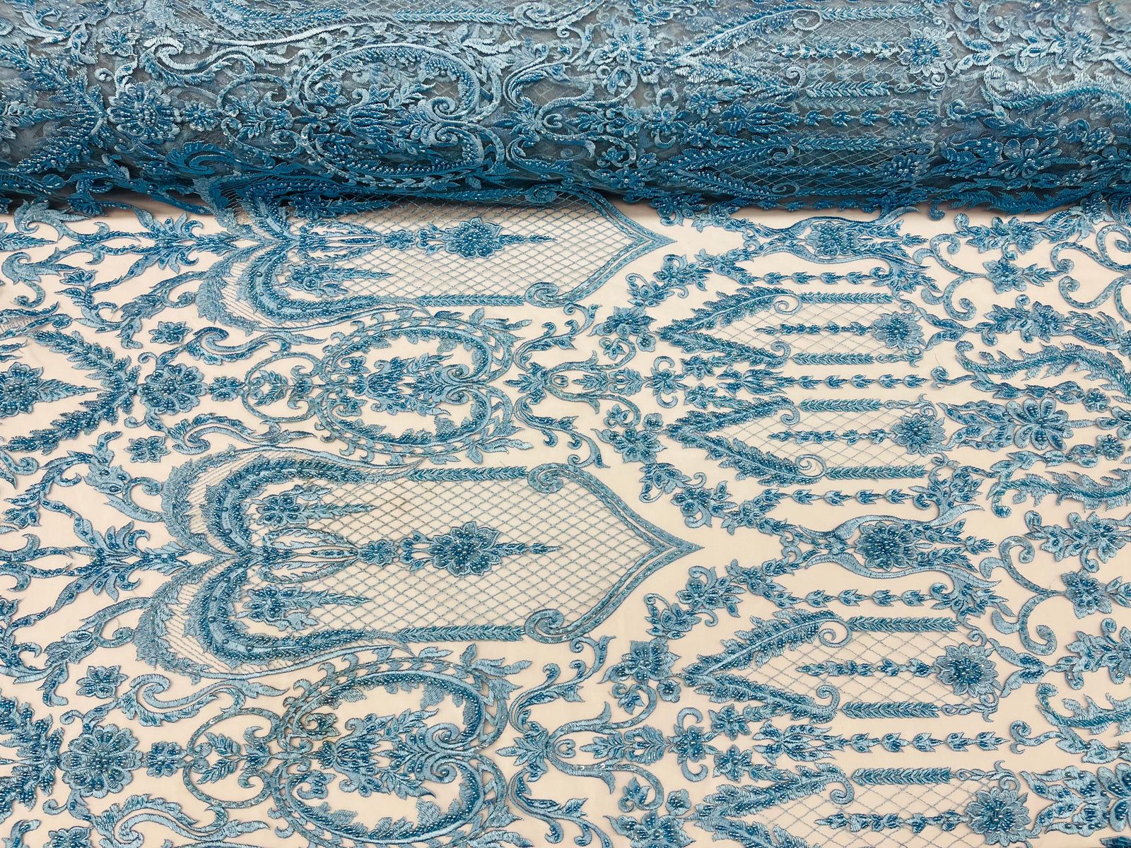 Blue Beaded Damask Fabric - by the yard - Embroidered with Beads and S